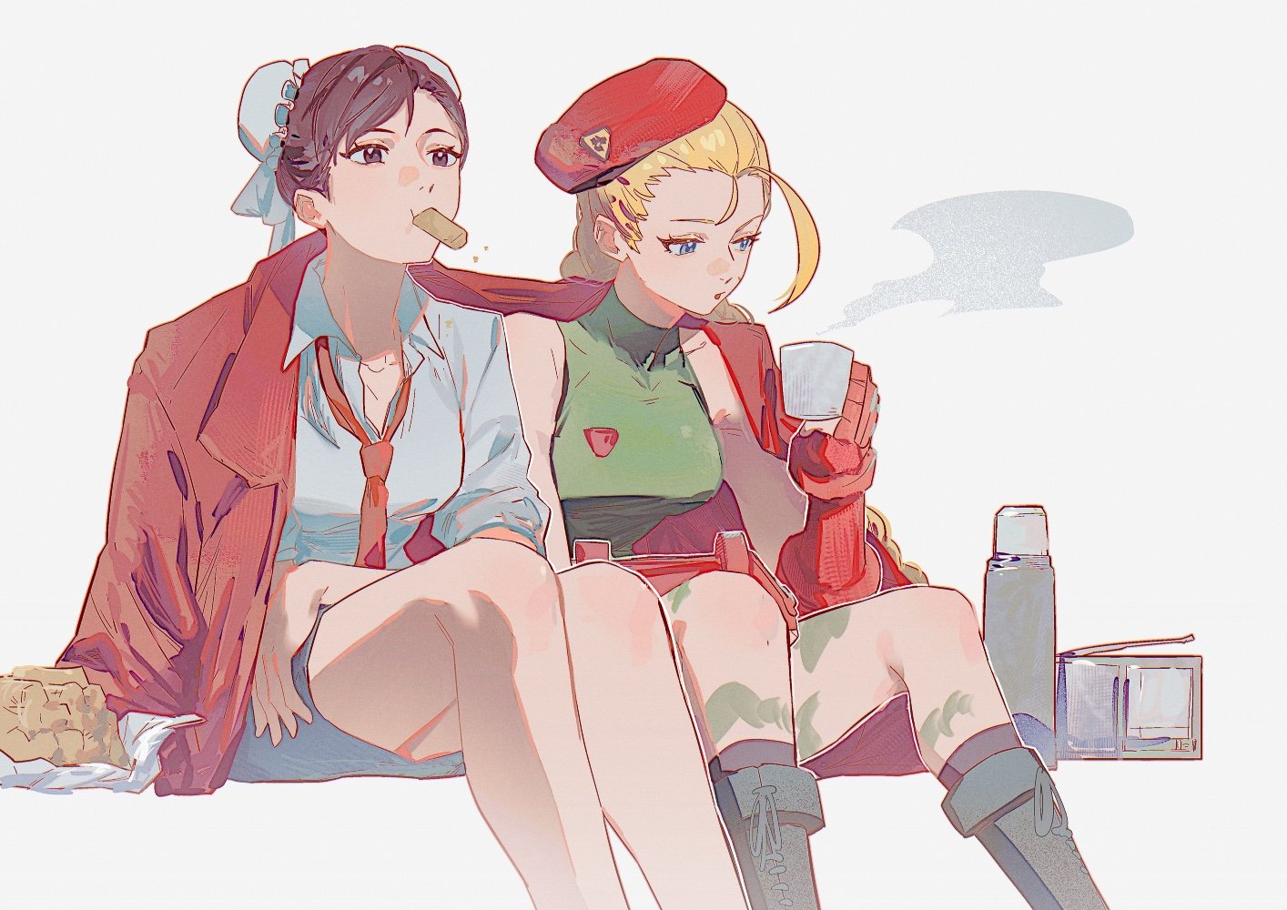 Safebooru - 2024 2girls beret blonde hair blue shirt bottle brown hair cammy white chun-li coat ...