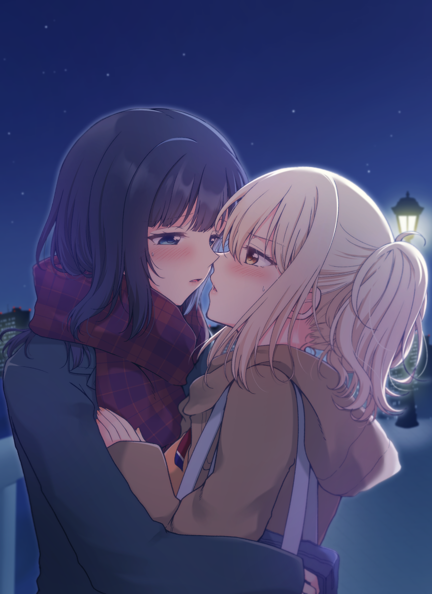 Safebooru - 2girls asaka karin bag blonde hair blue bag blue eyes blue hair blue jacket blunt ...