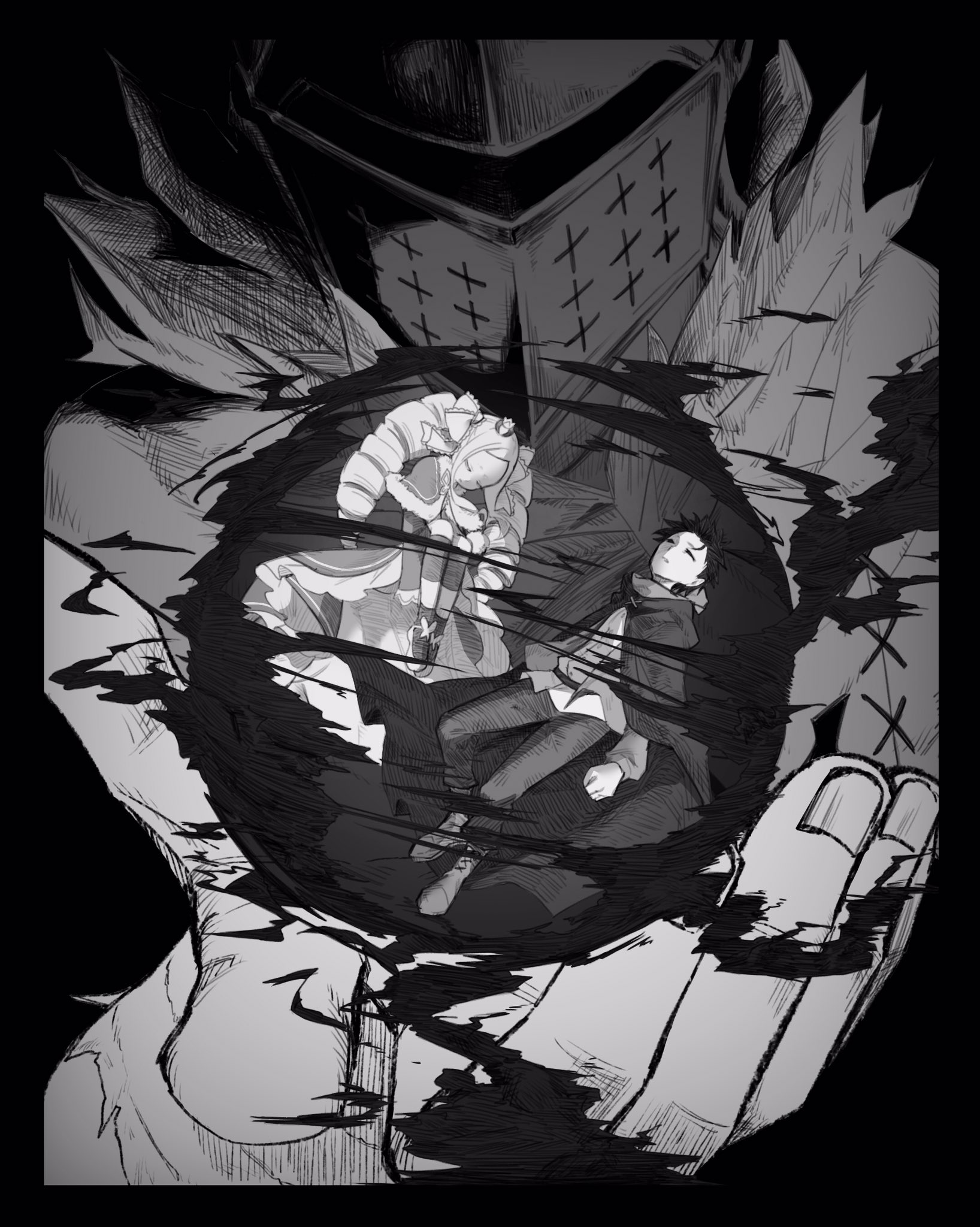 Safebooru - 1girl 2boys 8 humi aldebaran (re:zero) beatrice (re:zero) black border border ...