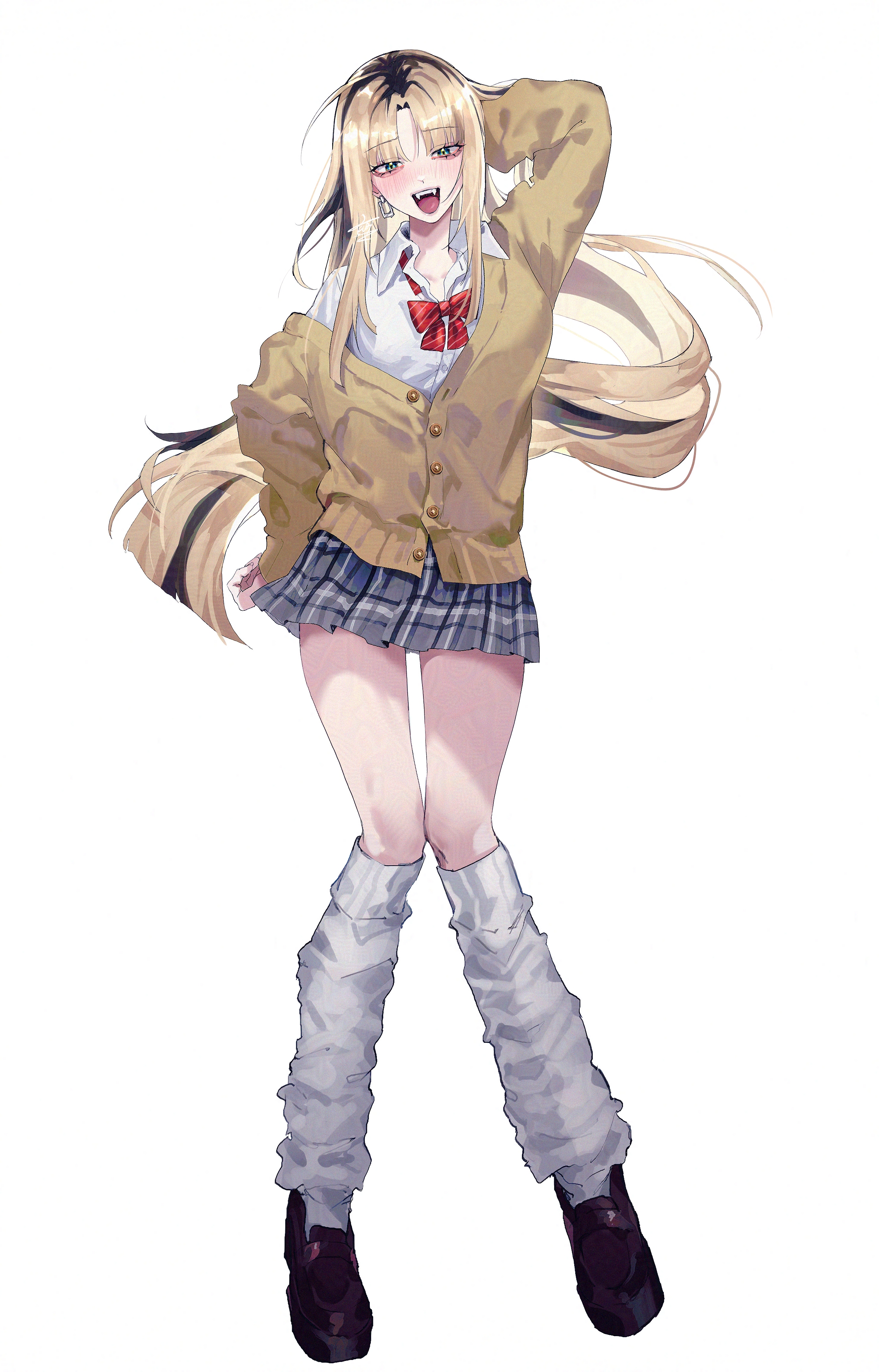 Safebooru - 1girl absurdres ahoge alternate costume arm behind head black footwear blonde hair ...