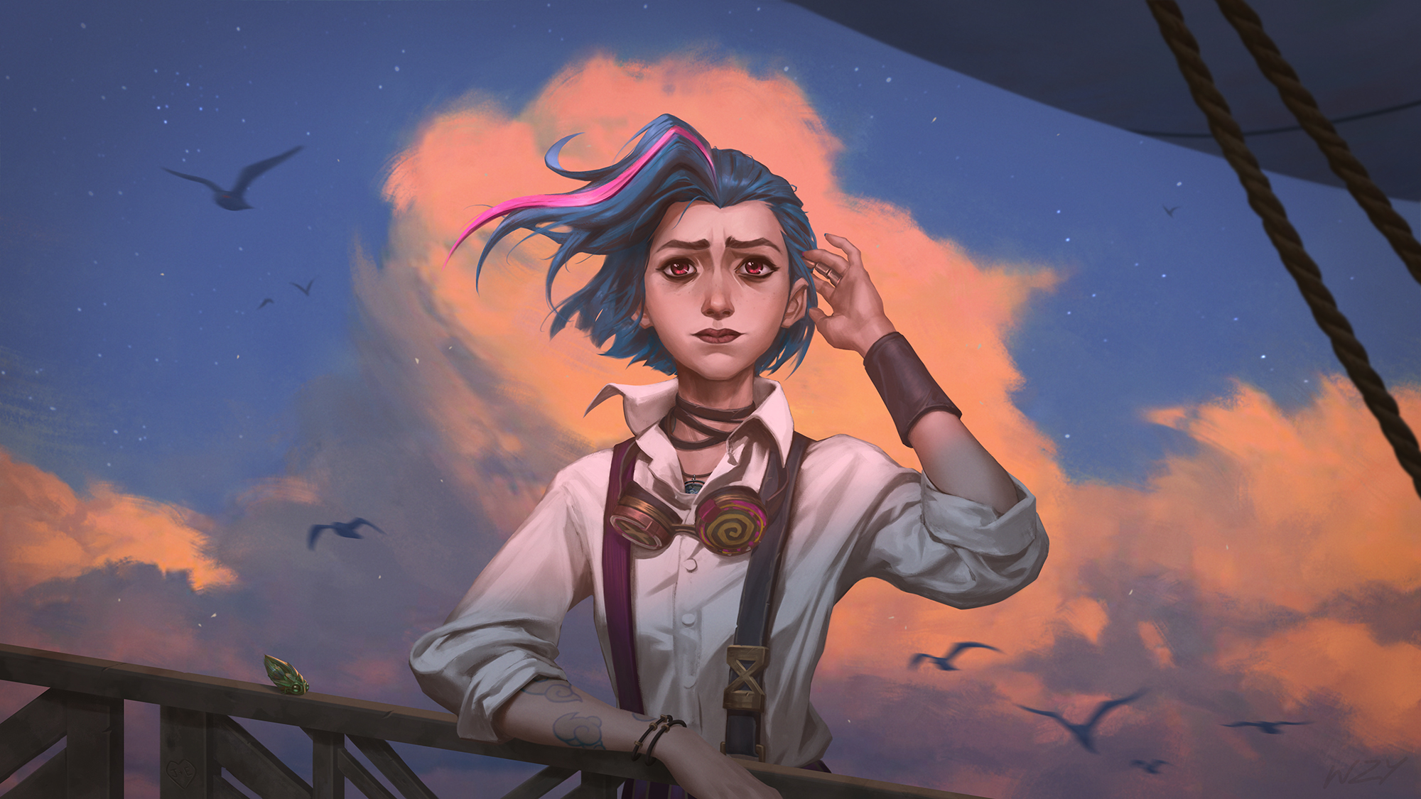 Safebooru - 1girl arcane: league of legends arcane jinx arm tattoo artist name bird blue hair ...