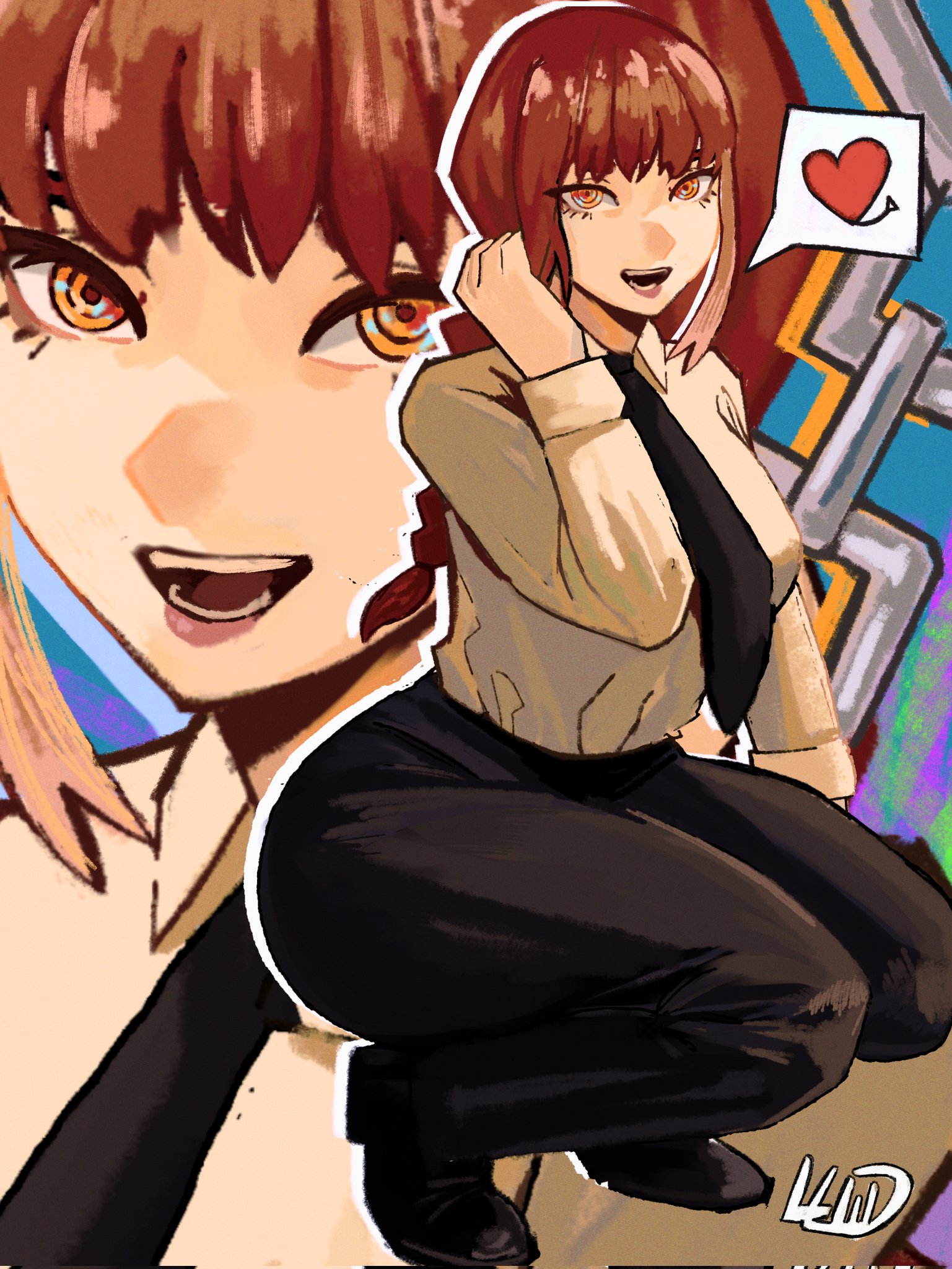 Safebooru - 1girl black footwear black necktie black pants braid chain chainsaw man collared ...