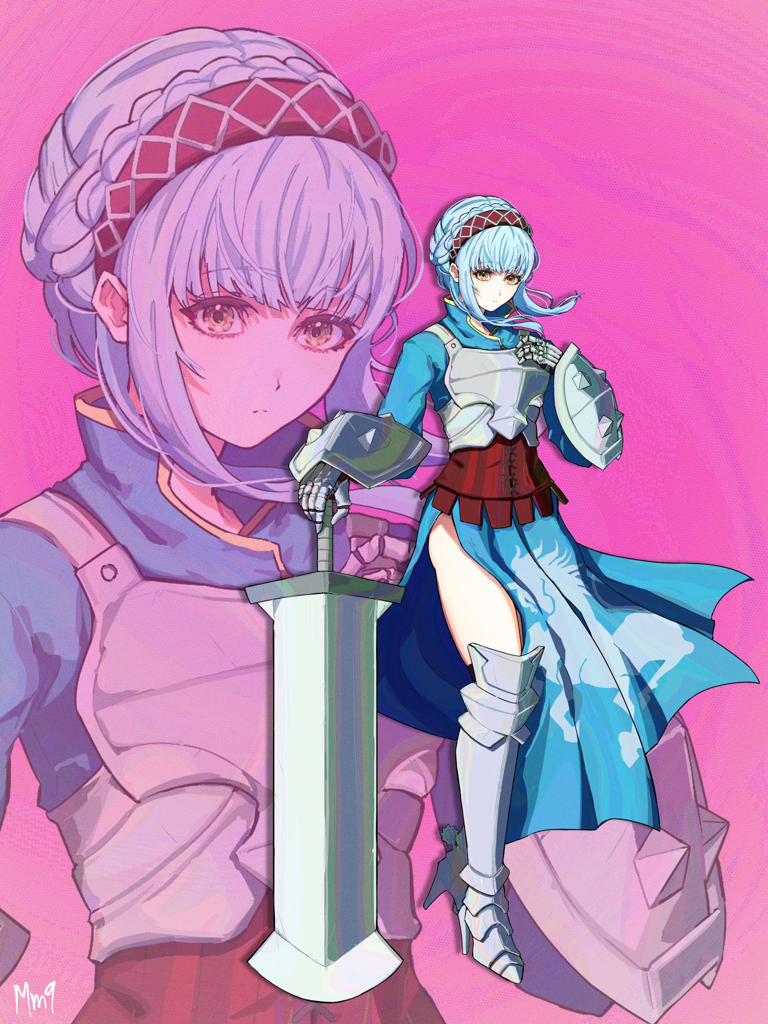 Safebooru - 1girl alternate costume armor armored boots blue dress blue hair boots braid ...