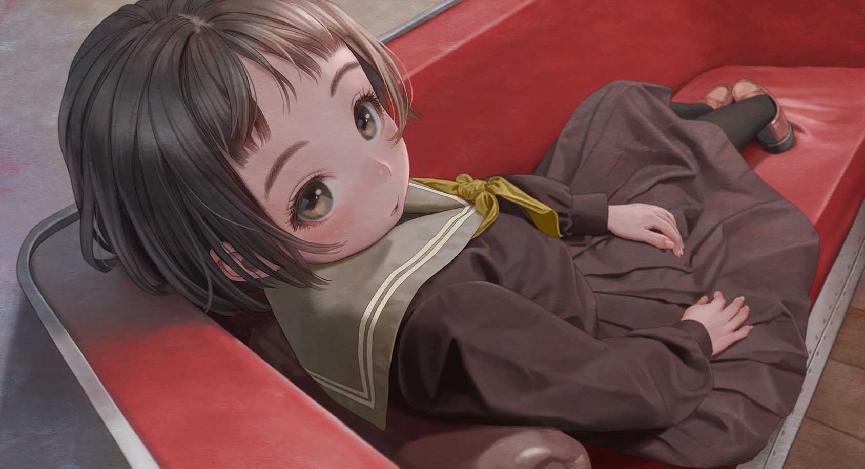 Safebooru - 1girl black pantyhose brown eyes brown footwear brown hair brown serafuku brown ...