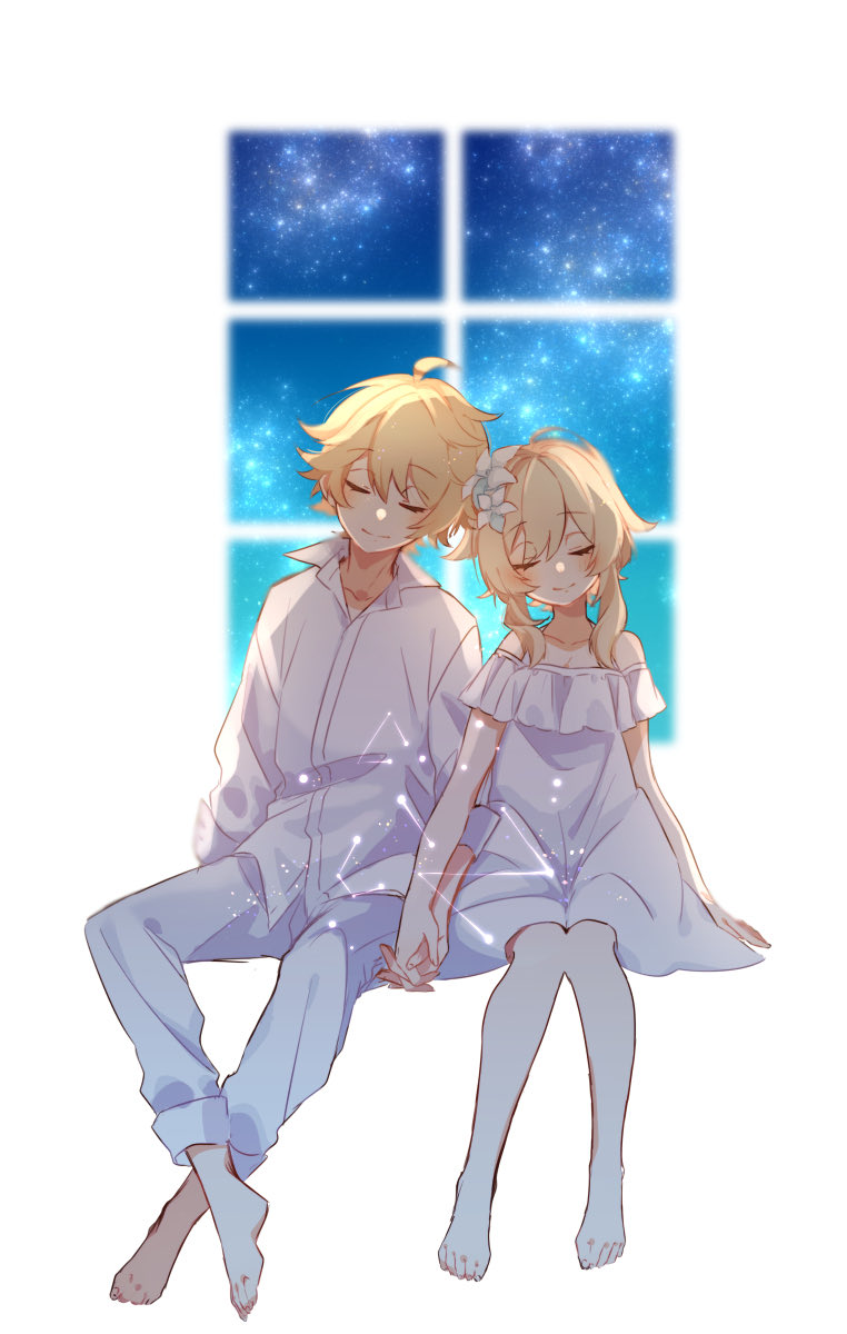 Safebooru - 1boy 1girl aether (genshin impact) blonde hair brother and sister dress flower ...
