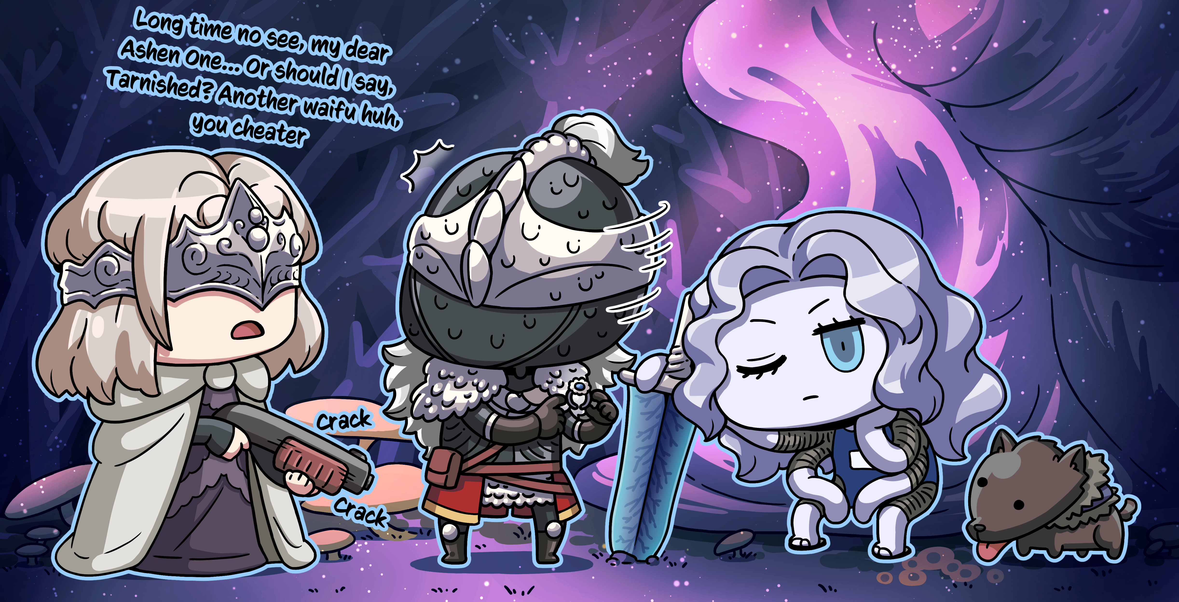 Safebooru - 1other 2girls absurdres ambiguous gender animal armor blaidd the half-wolf bloody ...