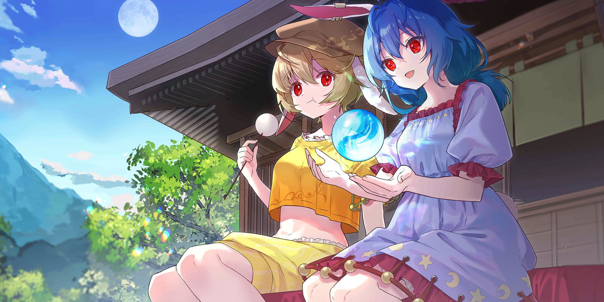 Safebooru - 2girls animal ears blonde hair blue dress blue hair blue sky brown hat cabbie hat ...