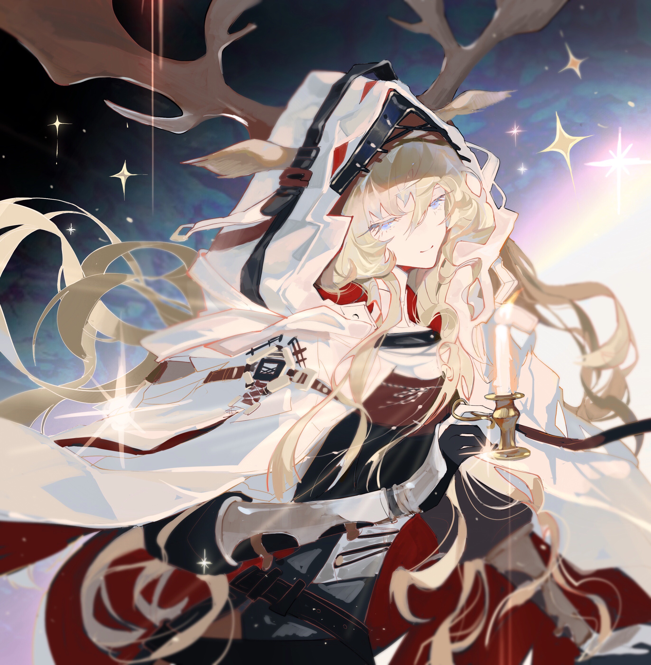 Safebooru - 1girl absurdres animal ears antlers through headwear arknights arm guards ...