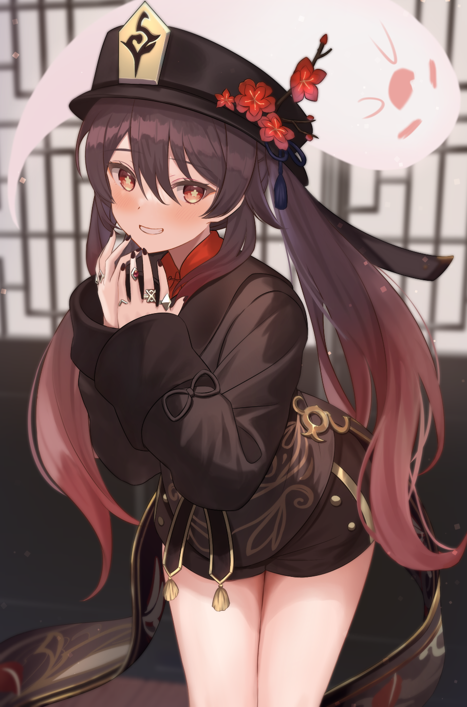 Safebooru - 1girl black nails blush brown hair chinese clothes closed eyes cowboy shot flower ...