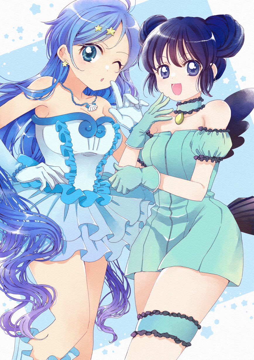 Safebooru - 2girls :d ahoge aizawa mint aqua choker aqua gloves armpits bare shoulders blue ...