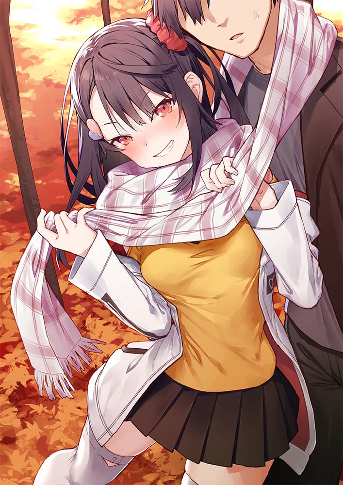 Safebooru - 1boy 1girl autumn autumn leaves black hair black skirt brother and sister clenched ...