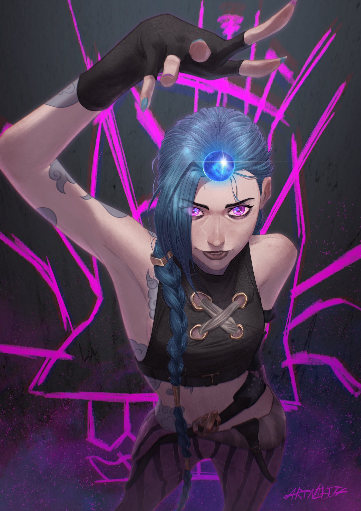 Safebooru - 1girl arcane: league of legends arm up artnikita blue hair braid cloud tattoo ...