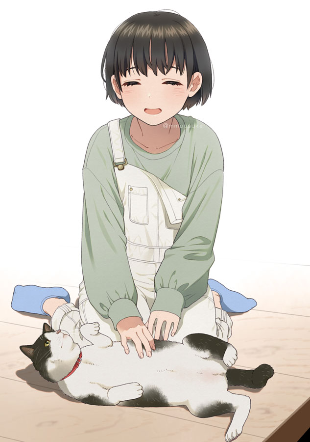 Safebooru - 1girl :d animal ankle socks bangs black hair blue legwear blush cat closed eyes ...
