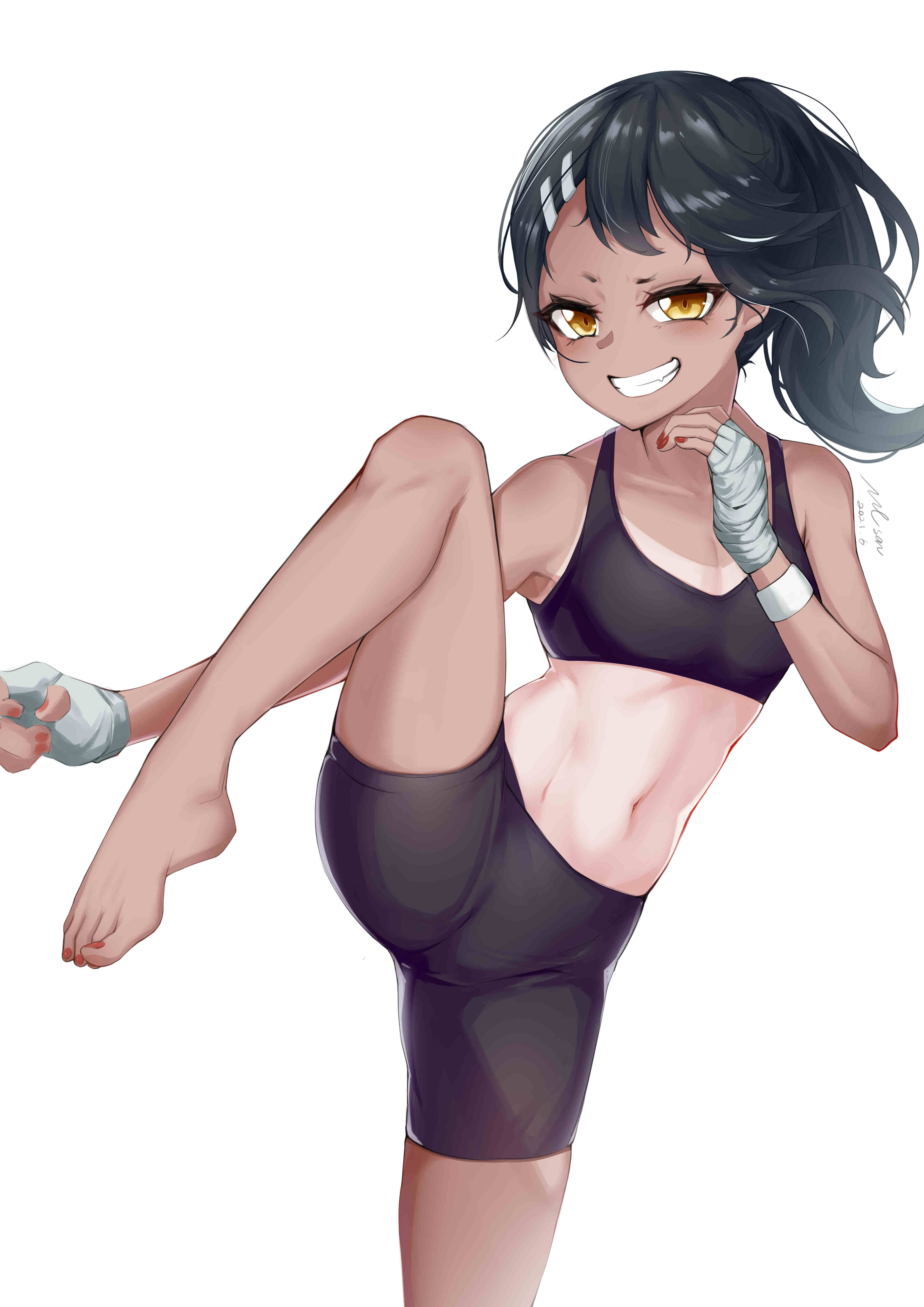 Safebooru - 1girl abs absurdres artist name bandaged hand bandages bangs bare shoulders barefoot ...