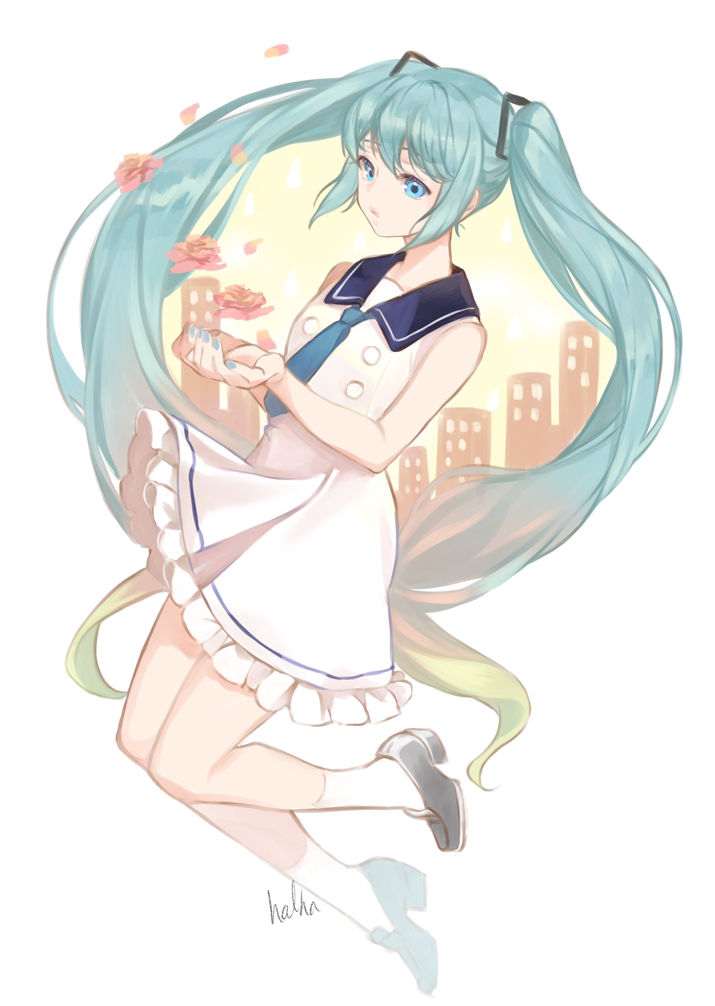 Safebooru - 1girl artist name bare arms black footwear blue eyes blue ...