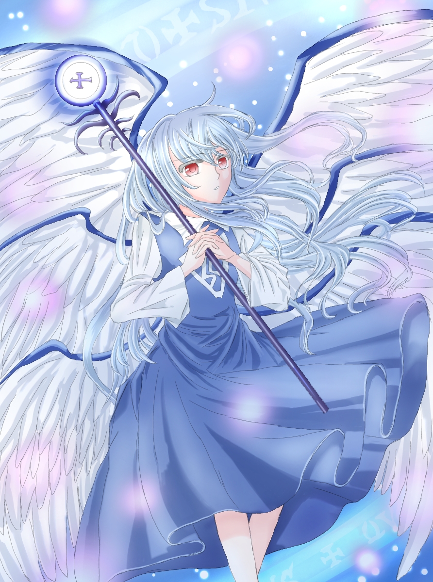 Safebooru - 1girl angel angel wings bangs bare legs blue dress blue hair breasts collared shirt ...