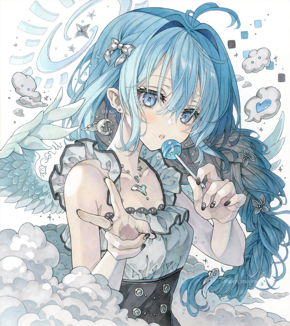 Safebooru - 1girl ahoge angel angel wings black nails blue eyes blue hair blush bow braid candy ...