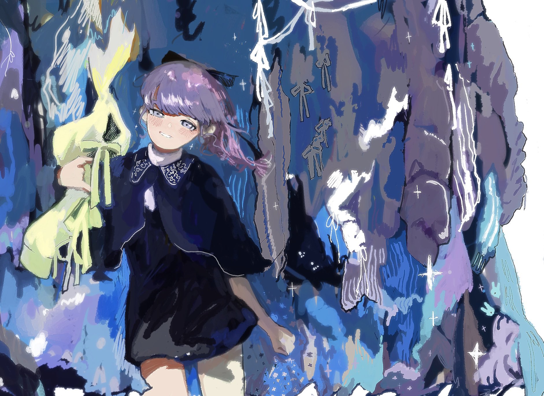 Safebooru - 1girl black dress black ribbon black shawl cowboy shot ...