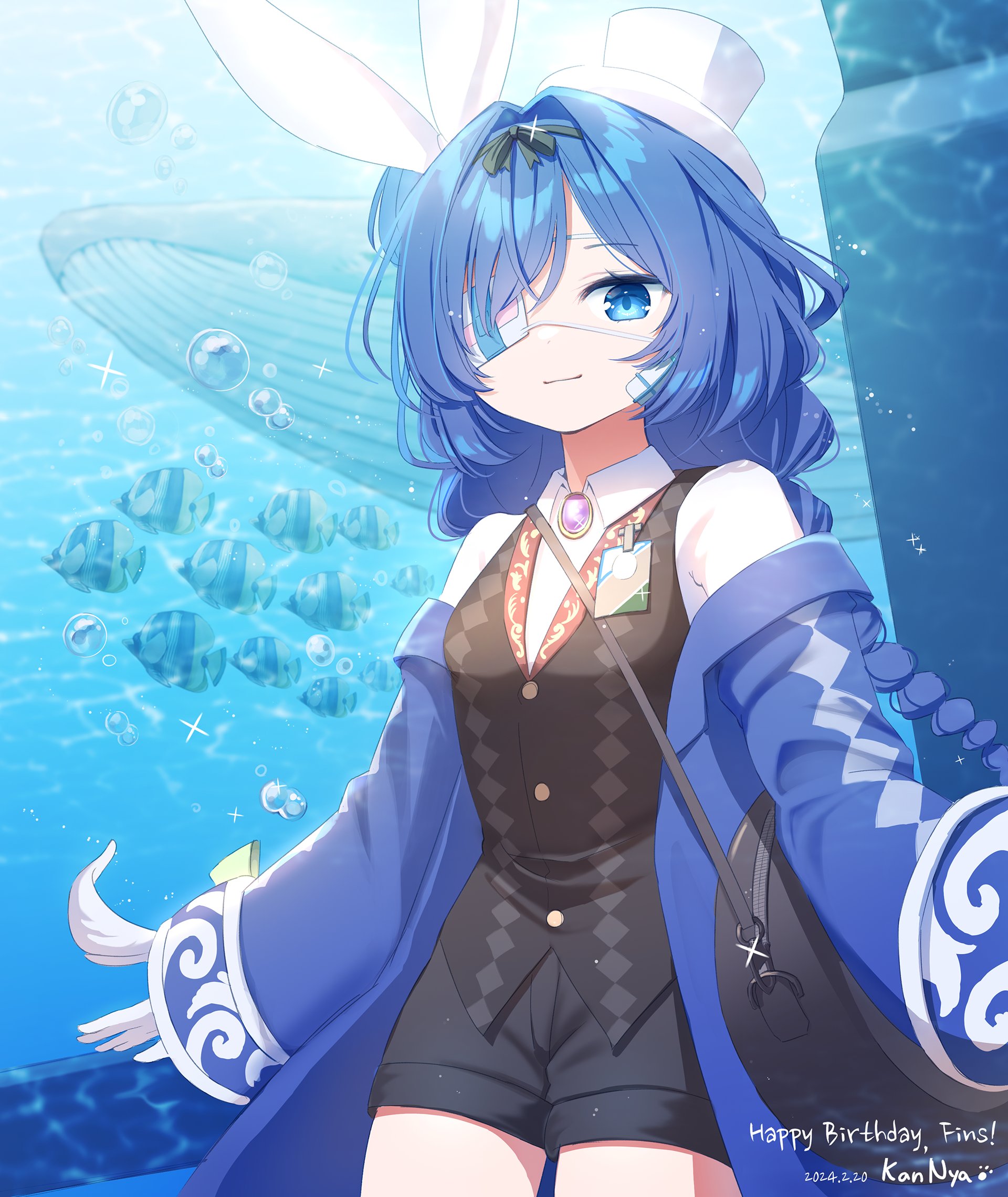 Safebooru - 1girl air bubble aldina (vrchat) animal aquarium bag bandage over one eye black ...