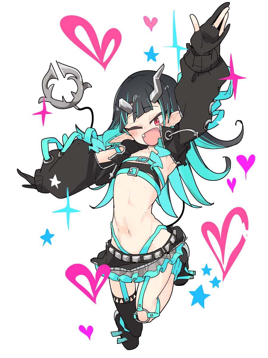 Safebooru - 1girl :d arm up bangs belt beltbra black footwear black gloves black hair black ...