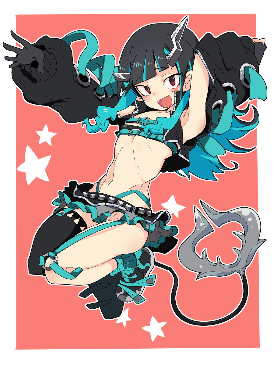 Safebooru - 1girl :d arm up armpits bangs belt beltbra black footwear black gloves black hair ...