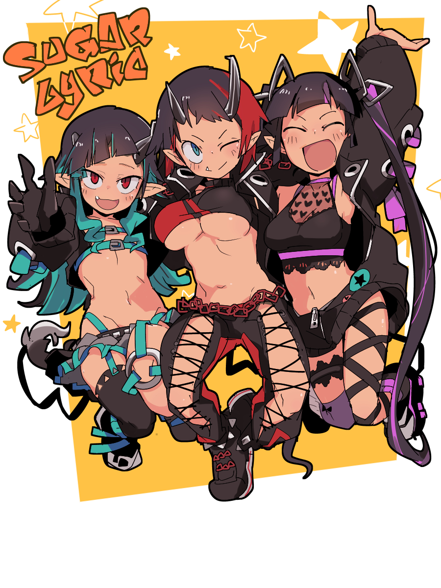 Safebooru - 3girls bangs belt beltbra black footwear black gloves black hair black jacket black ...