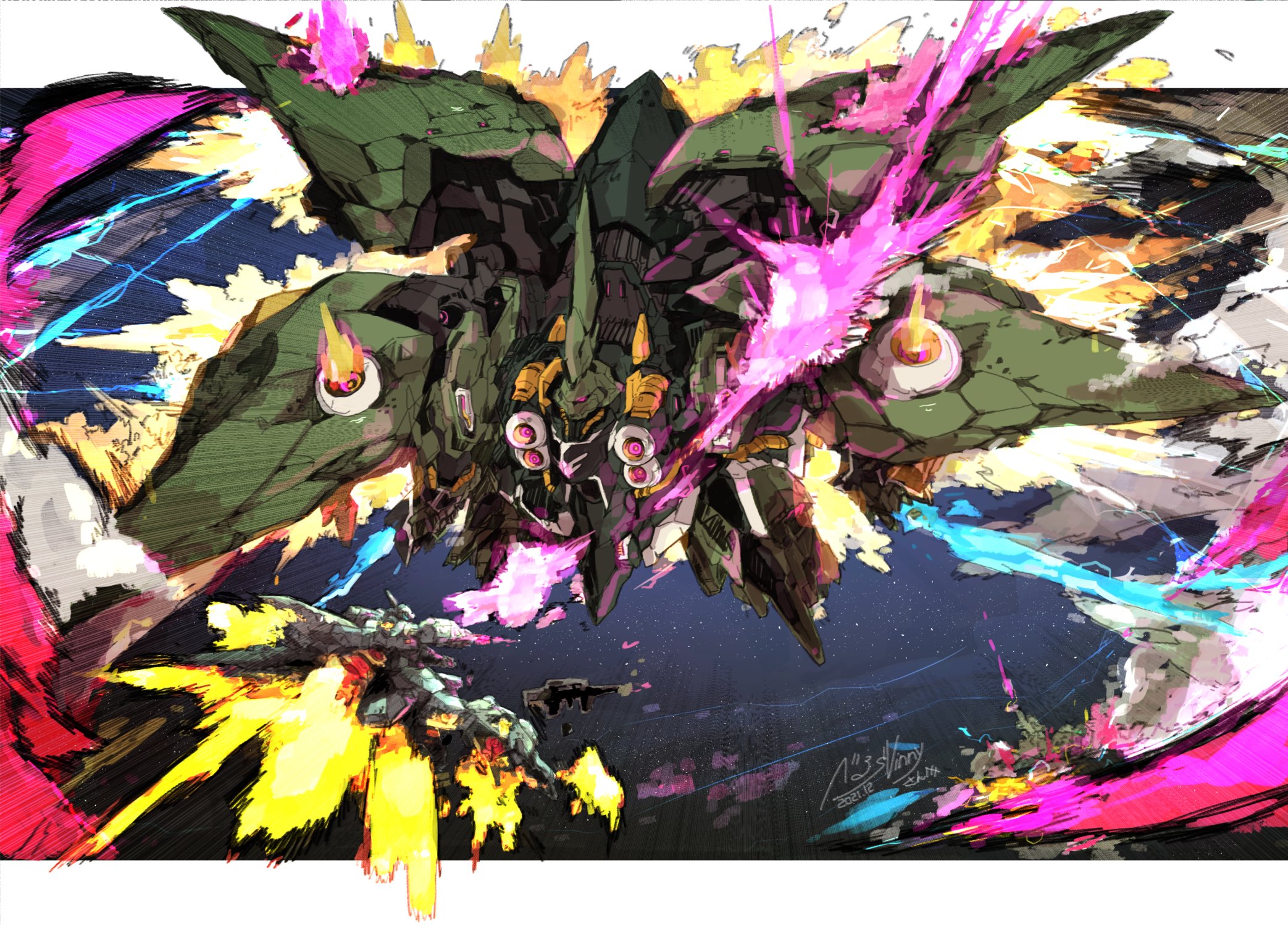 Safebooru - beam rifle beru commission dated energy gun firing flying ...