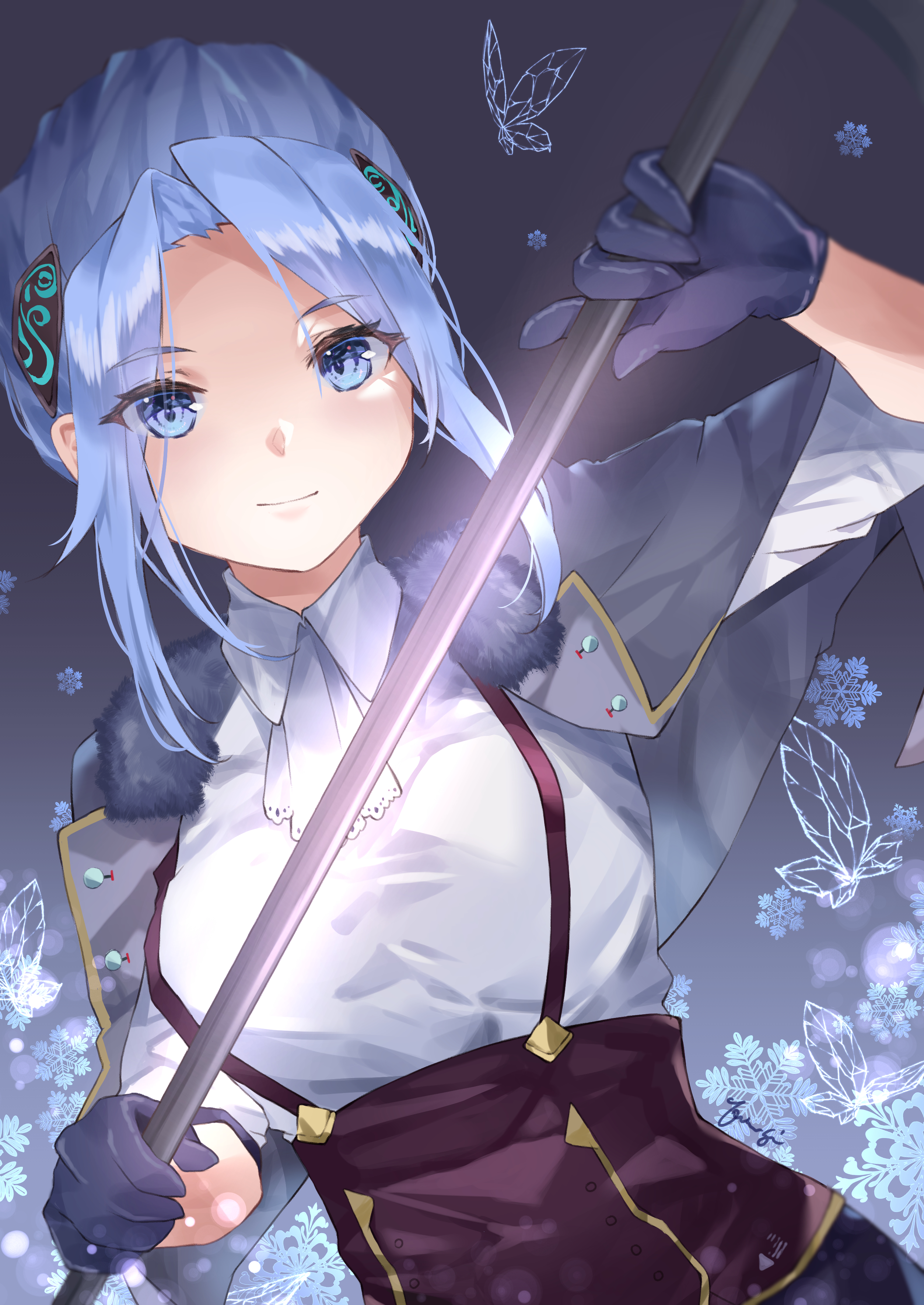Safebooru - 1girl absurdres ascot black gloves blue eyes blue hair ...