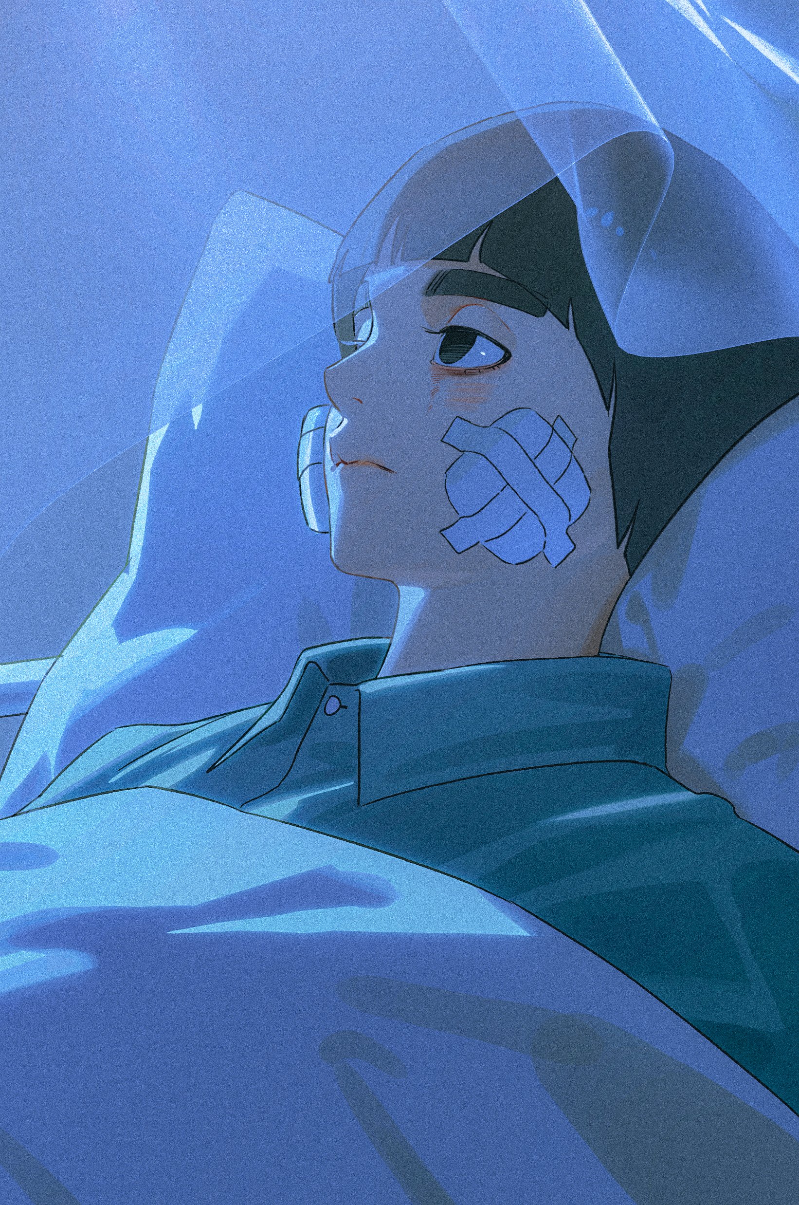 Safebooru - 1boy absurdres aqua shirt bandage on cheek black hair blunt bangs bowl cut bruise ...