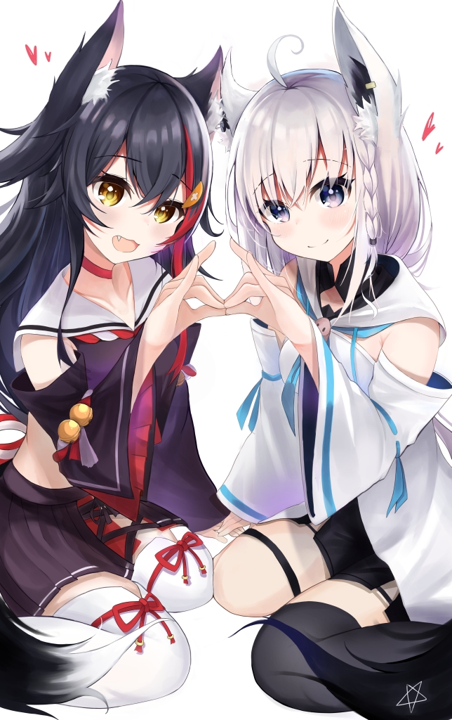 Safebooru - 2girls ahoge animal ear fluff animal ears bangs black hair black legwear black shirt ...