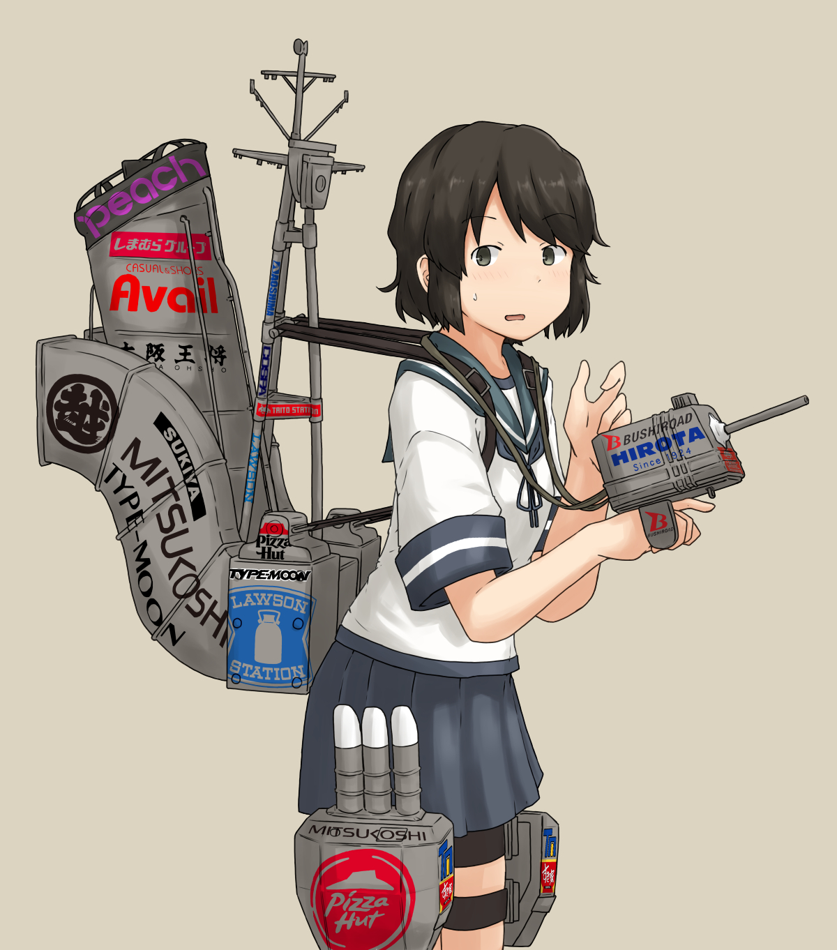 Safebooru - 1girl adapted turret black hair blue sailor collar blue skirt brown eyes brown hair ...