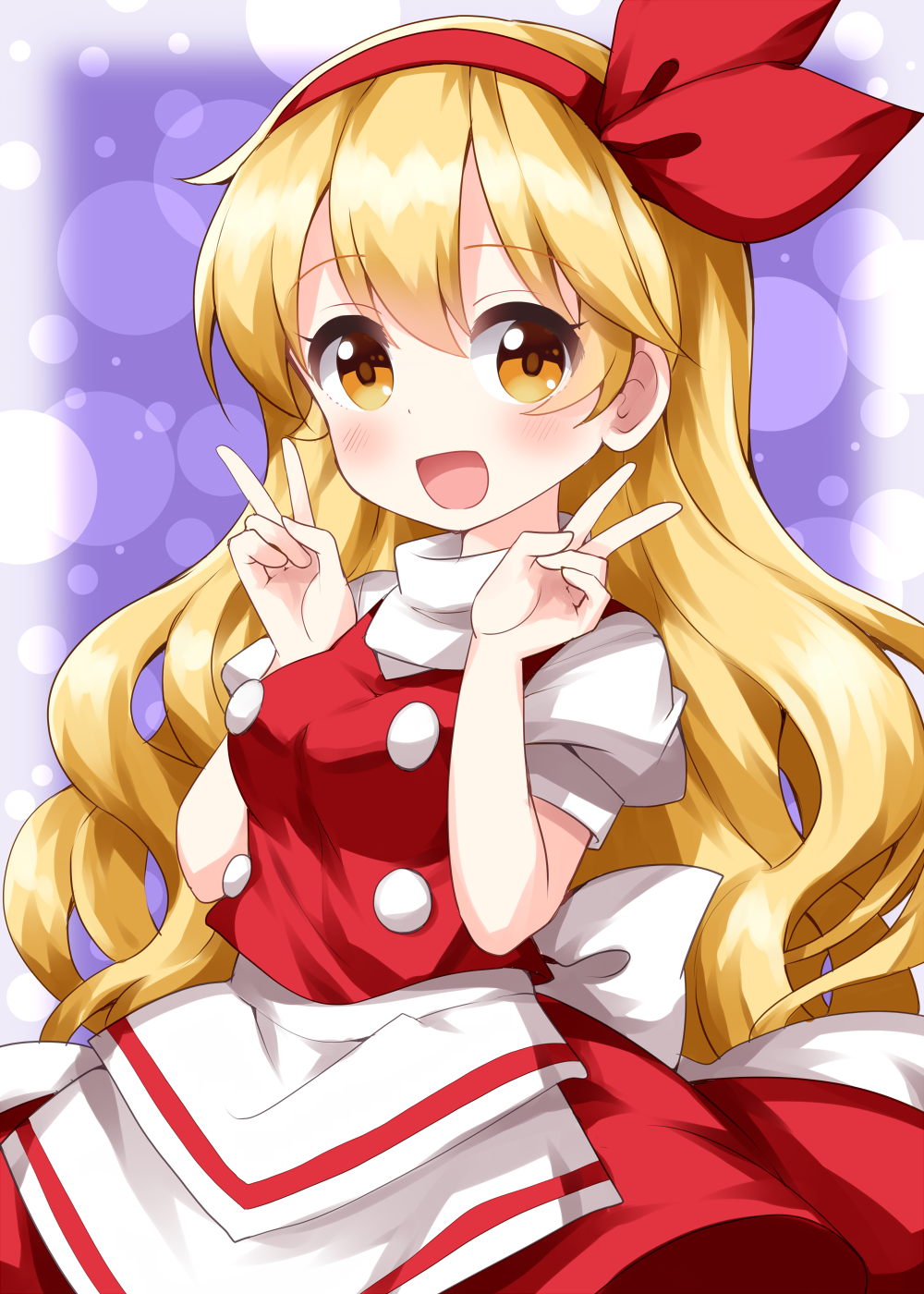 Safebooru - 1girl :d apron bangs blonde hair cowboy shot double v ellen (touhou) eyebrows ...