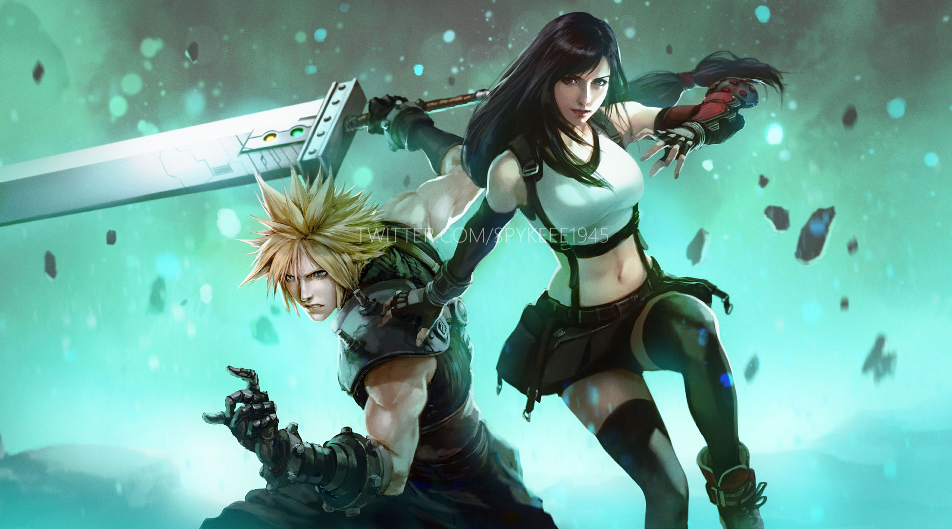 Safebooru - 1boy 1girl armor black hair black skirt blonde hair breasts buster sword cloud ...