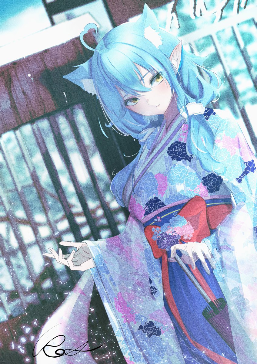 Safebooru - 1girl ahoge animal ear fluff animal ears blue hair blue kimono cat ears elf hair ...