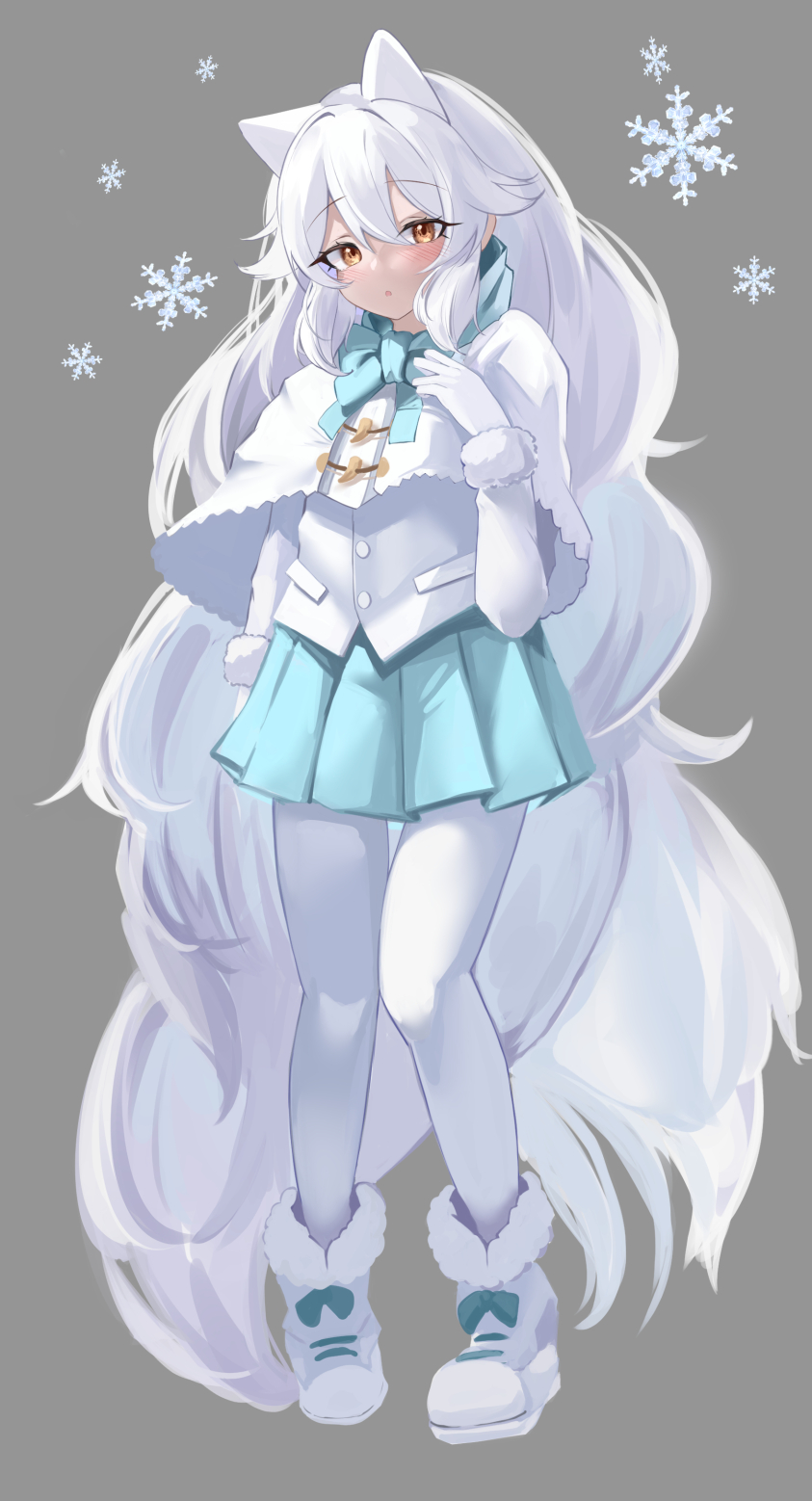 Safebooru - 1girl animal ears arctic fox (kemono friends) blue skirt blush brown eyes ...