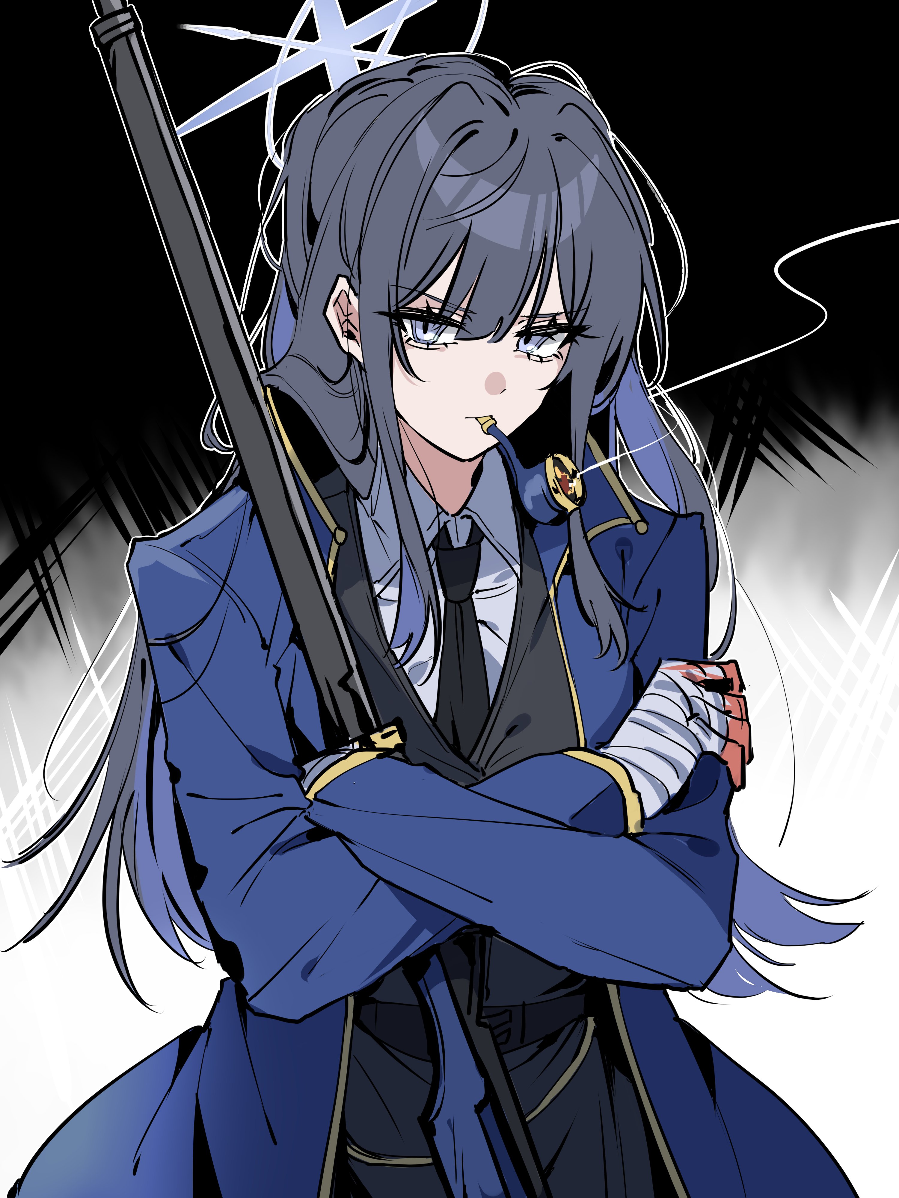 Safebooru - 1girl absurdres arikalovesyou2 bandaged hand bandages black hair black necktie blood ...