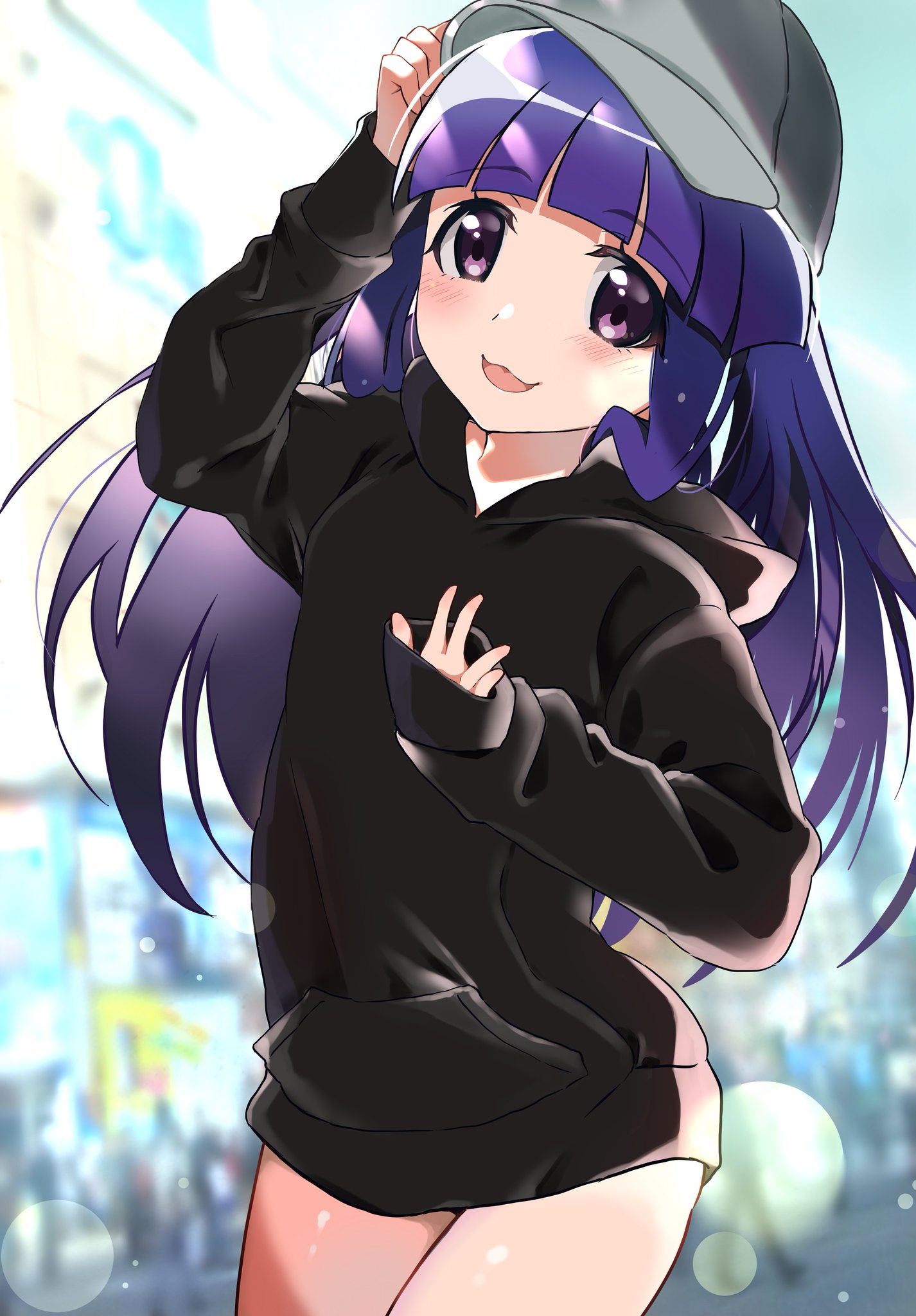 Safebooru - 1girl :3 :d adjusting clothes adjusting headwear arm up bangs baseball cap black ...