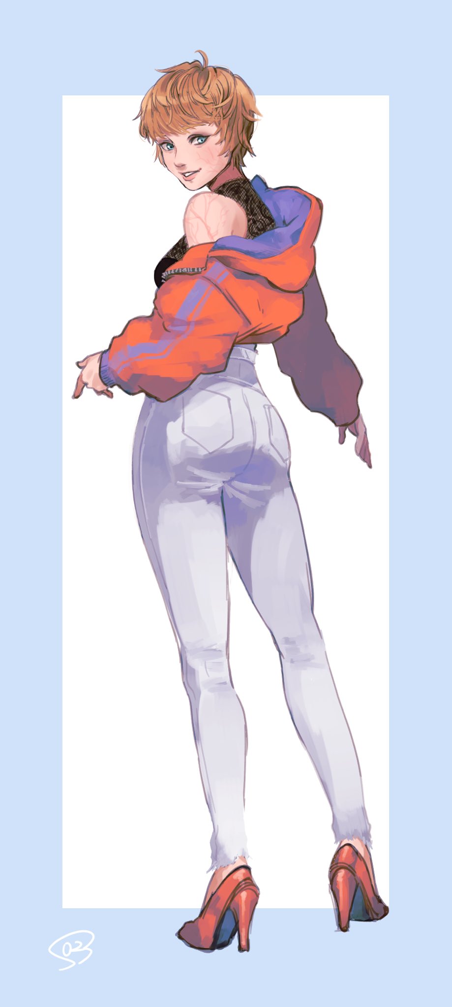 Safebooru - 1girl adapted costume apex legends ass black shirt blonde hair blue border blue eyes ...