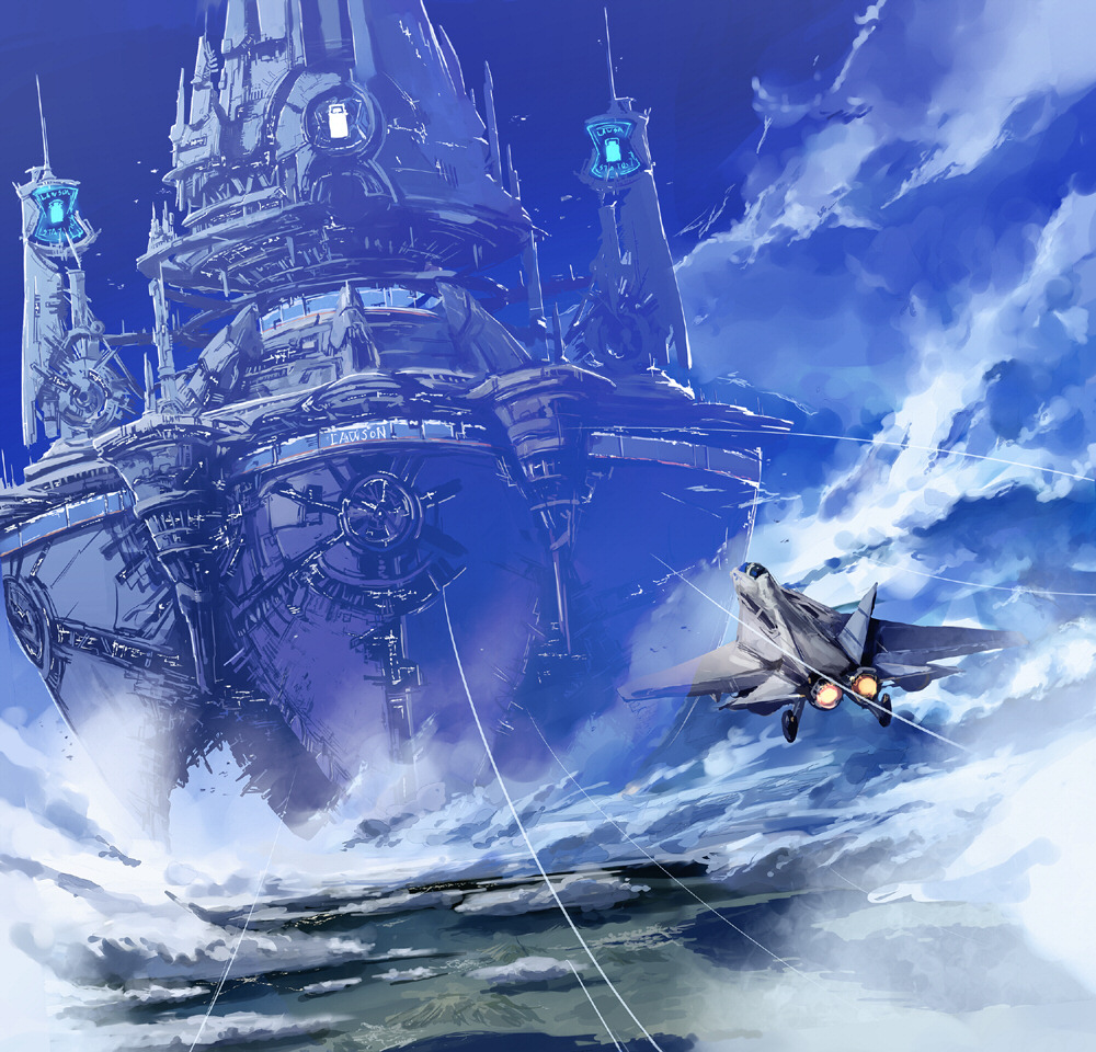 Safebooru - building cloud clouds floating island jet pixiv fantasia plane scenery sky yamaada ...