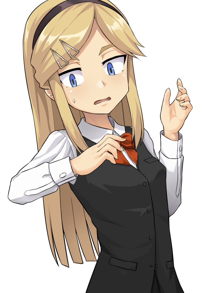 Safebooru - 1girl akira edgworth black hairband black vest blonde hair blue eyes cowboy shot ...