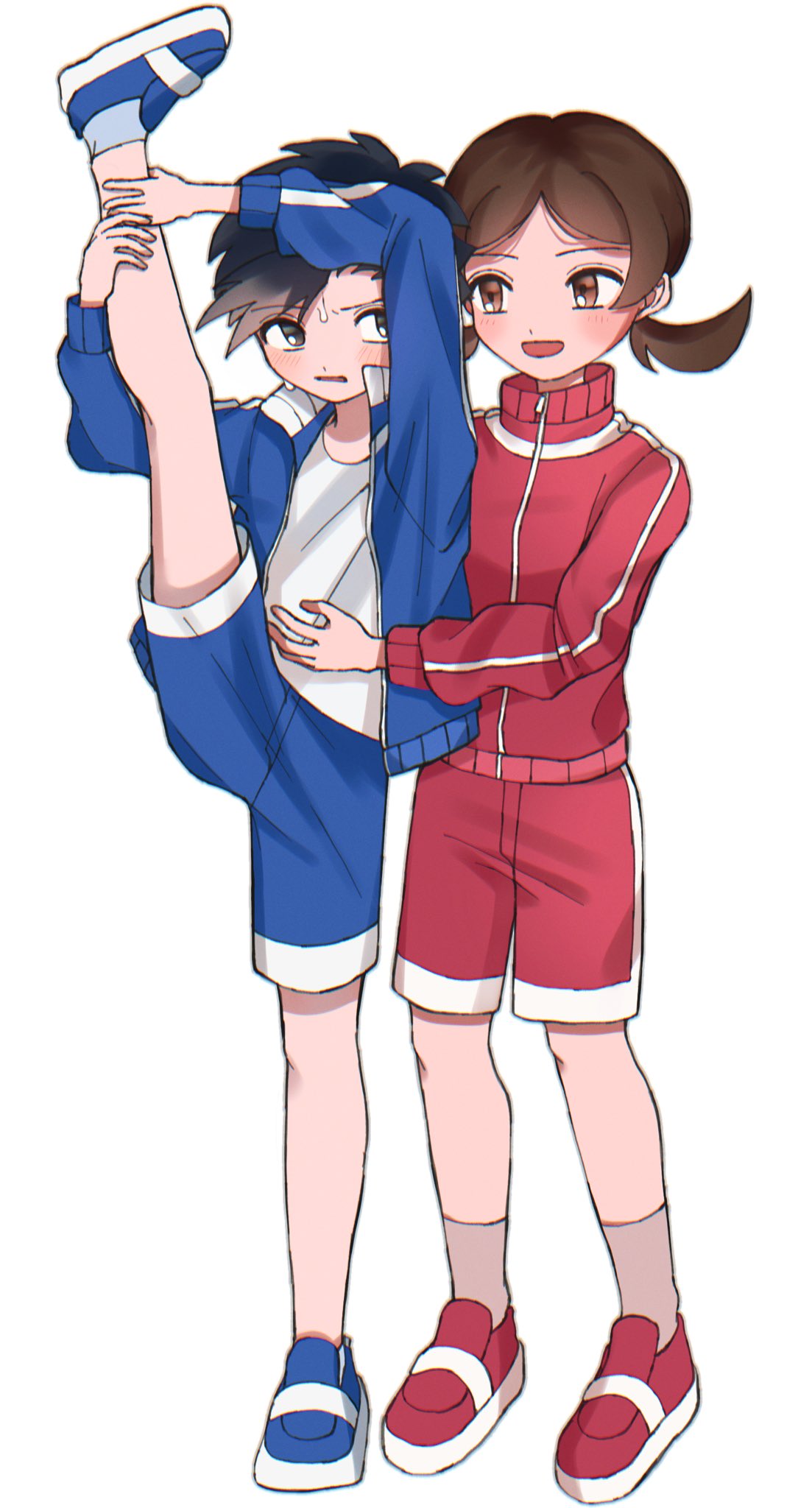 Safebooru - 1boy 1girl bangs black hair blue footwear blue jacket blue shorts blush brown eyes ...