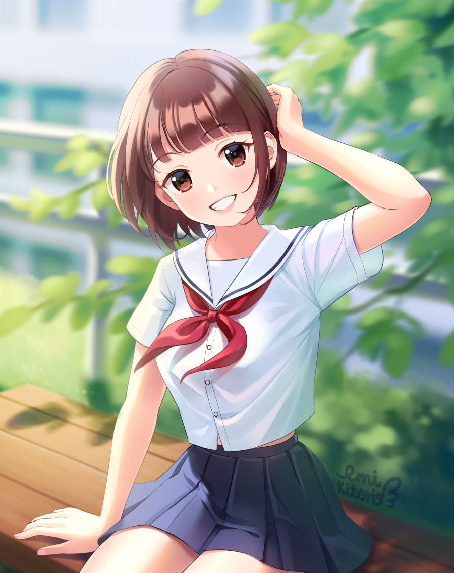 Safebooru - 1girl arm support arm up artist name bangs blue skirt blurry blurry background ...