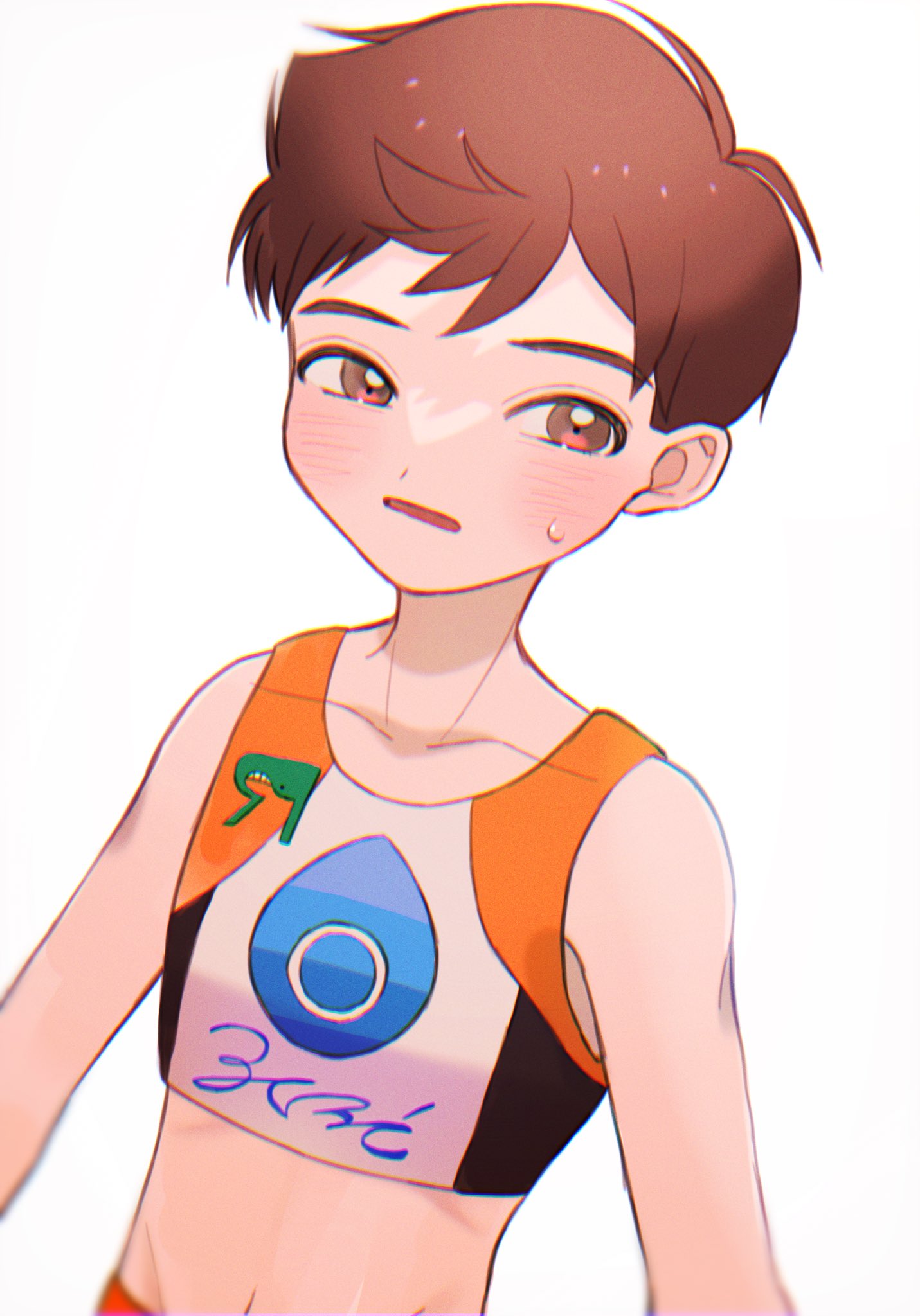Safebooru - 1boy alternate costume bangs bare arms blurry blush brown ...