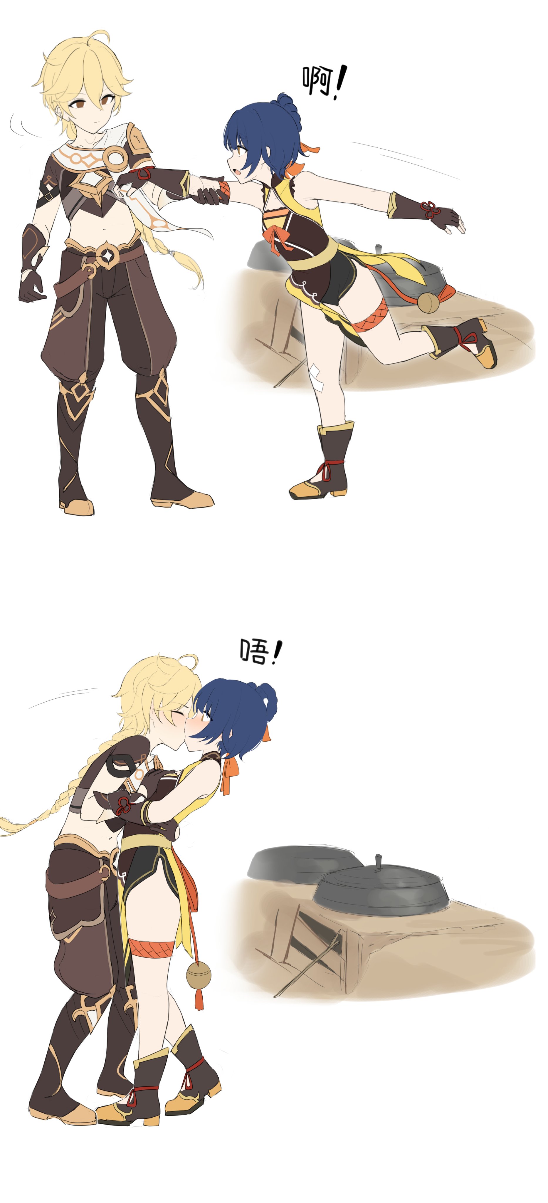 Safebooru - 1boy 1girl absurdres aether (genshin impact) bangs blonde hair blue hair blush braid ...