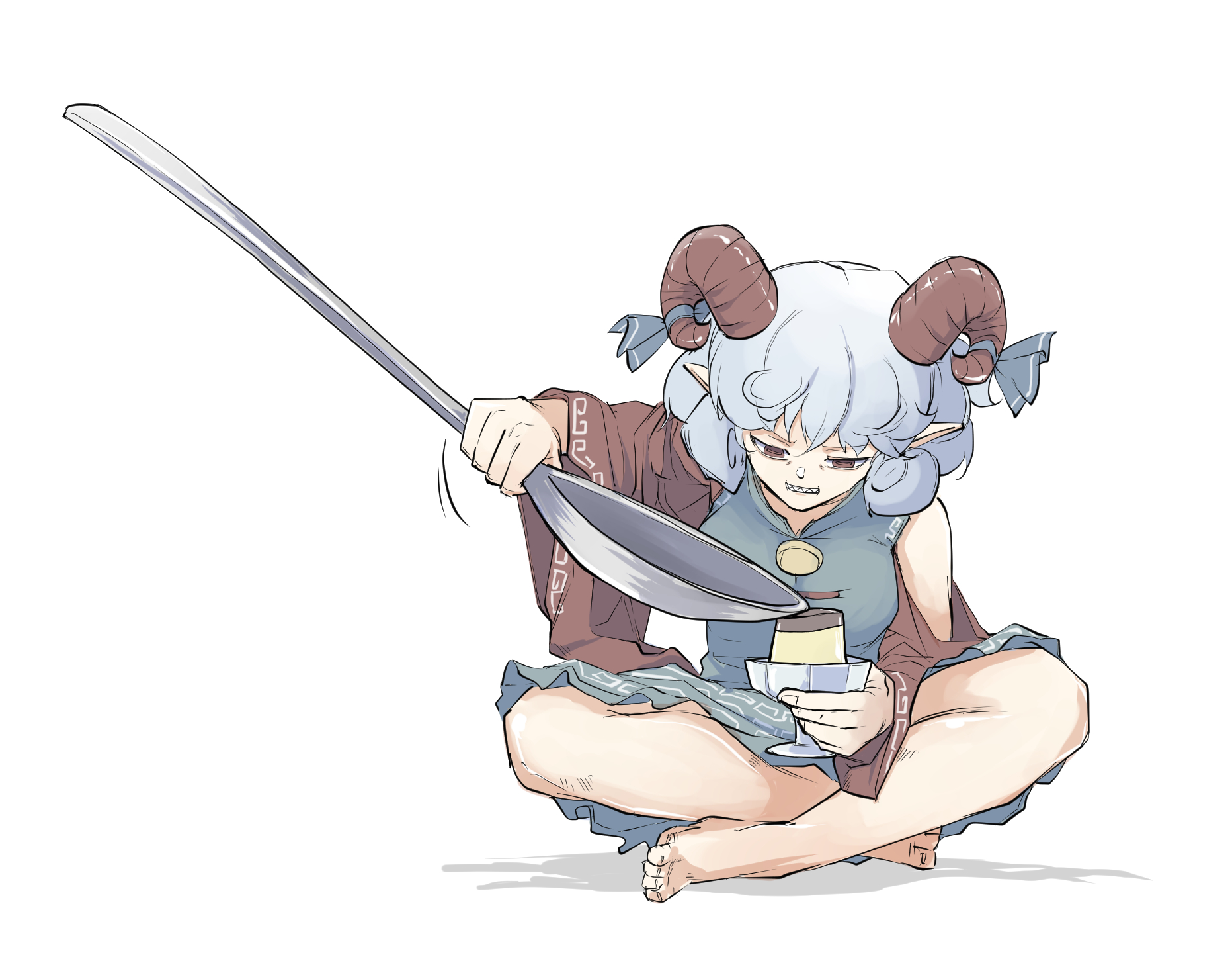 Safebooru - 1girl bangs bare shoulders barefoot blue dress blue ribbon clenched teeth curly hair ...