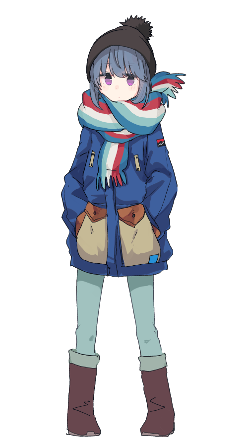 Safebooru - 1girl blue hair boots full body hands in pockets hat jacket ...