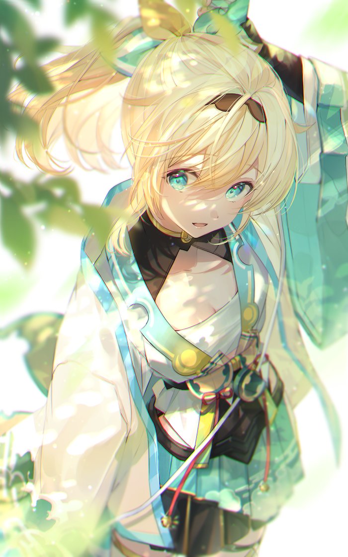 Safebooru - 1girl aqua eyes blonde hair chest sarashi from above haori ...