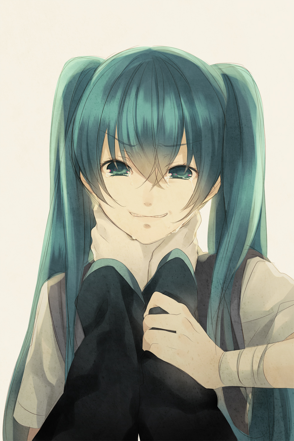 Safebooru - aqua hair asphyxiation bandage bandages choke choking eto ...
