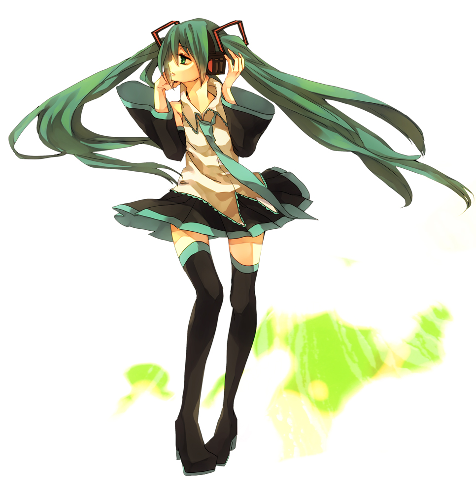 Safebooru - aqua eyes aqua hair detached sleeves hands on headphones hatsune miku headphones ...