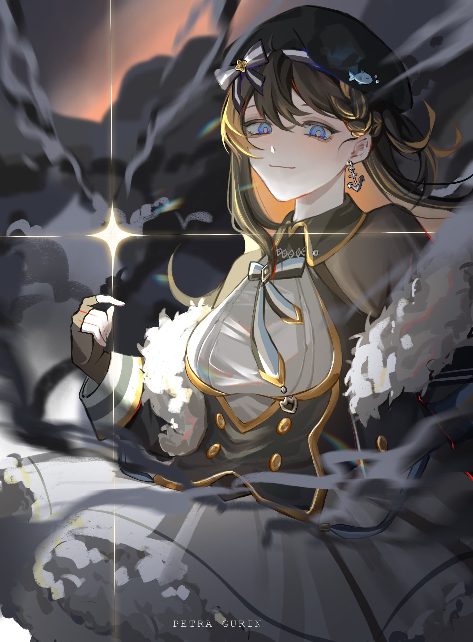 Safebooru - 1girl anchor earrings beret black bodysuit black coat black dress black hair black ...